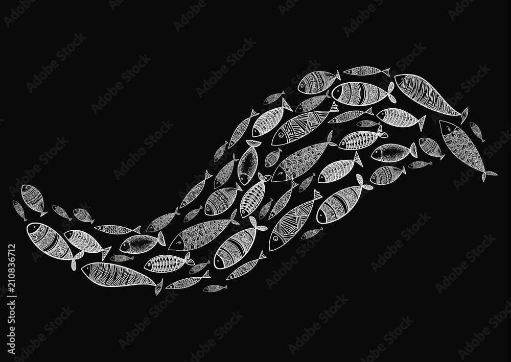 School of fish. Stylized group of stylized fishes swimming in the pack ...