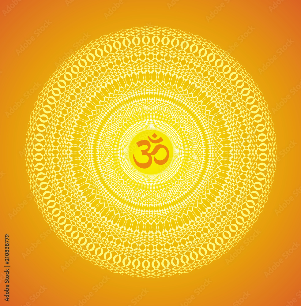 Mandala in yellow and orange tones with the Aum / Om / Ohm sign on a ...