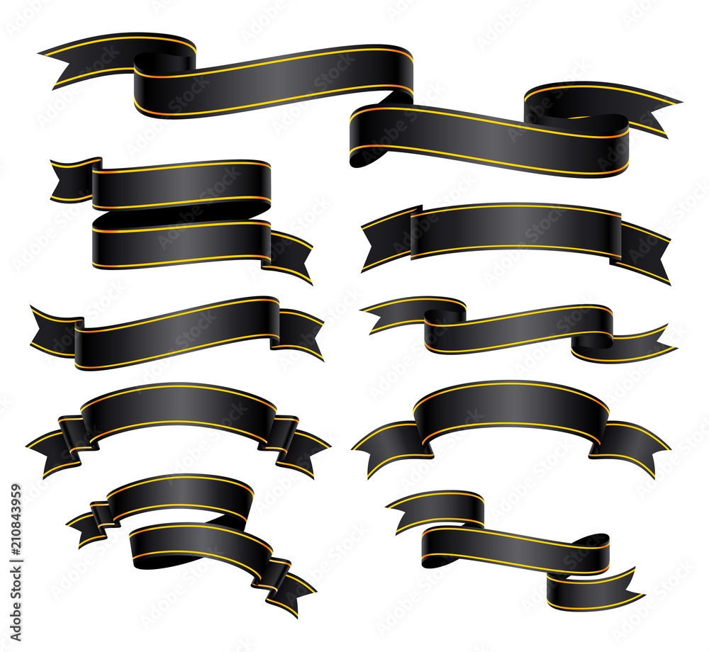 Set of black curved ribbon with golden border. JPG include isolated ...
