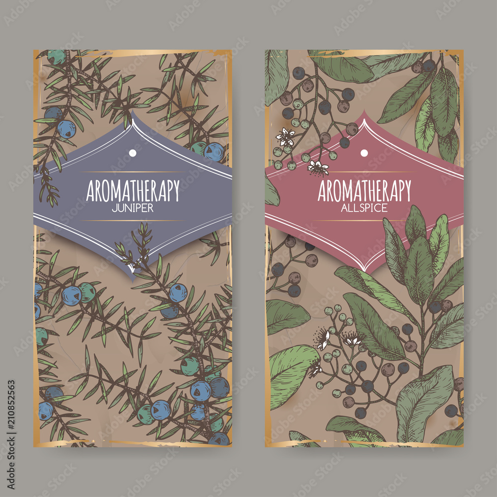 Two color labels with Juniperus communis aka juniper and Pimenta dioica ...