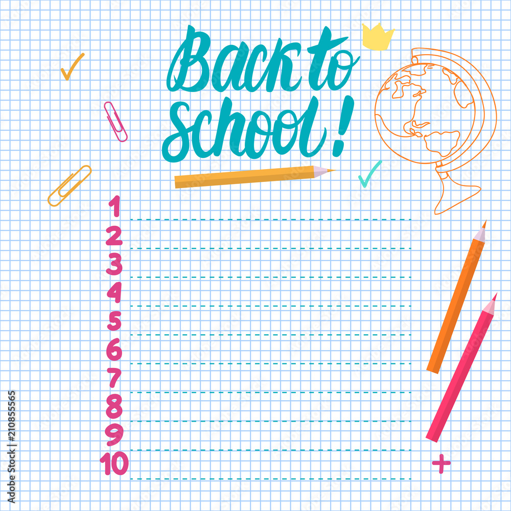 Back to school numbered list. 10 empty lines. Vector illustration ...