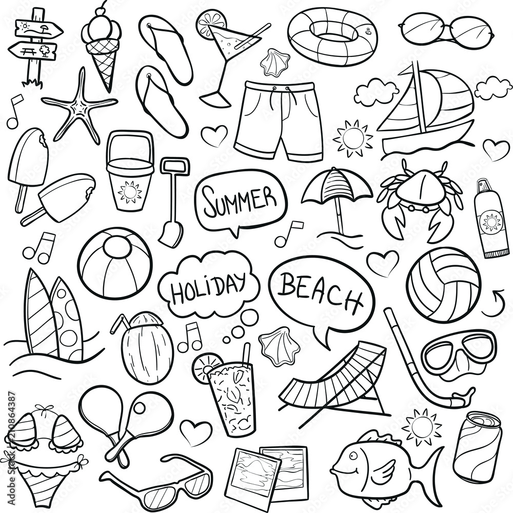 Summer Beach Day Doodle Icon Hand Draw Line Art Stock Vector | Adobe Stock