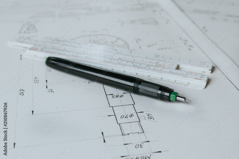 Technical pen (rapidograph) and technical drawing. Engineer equipment ...