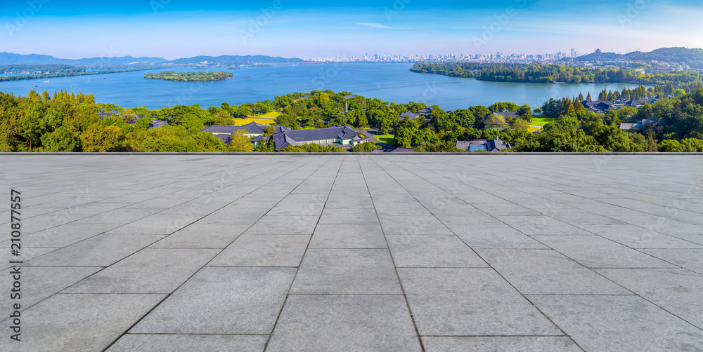 Asphalt road square and river hill under the blue sky Stock Photo ...