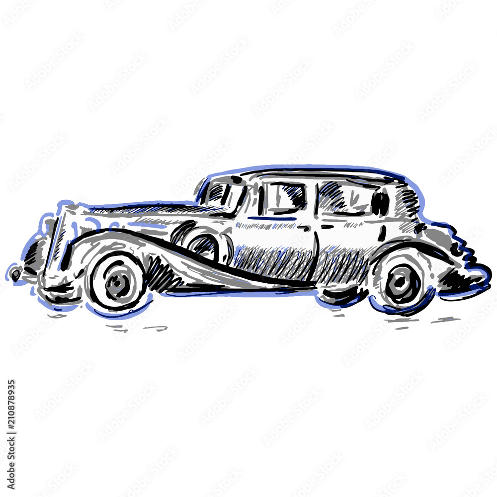 Retro car illustration in black, blue, gray colors. Old timer classic ...