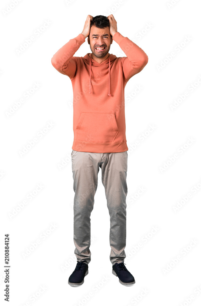 Full body of Man in a pink sweatshirt annoyed angry in furious gesture ...