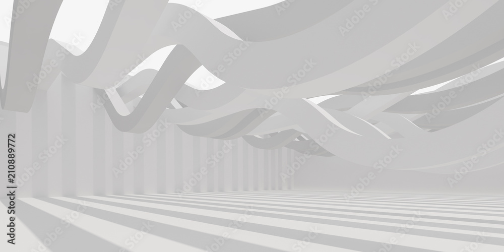 3D stimulate of white interior space and curve line with sun light cast ...