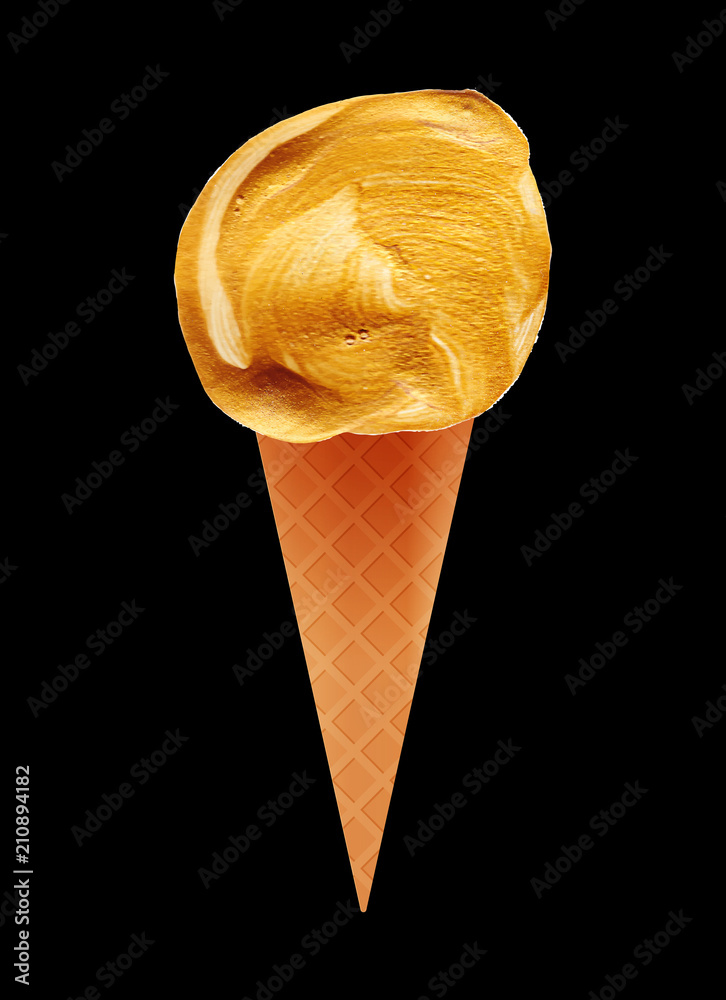 Golden ice cream cone. Vector illustration isolated on black. Hand ... Golden ice cream cone. Vector illustration isolated on black. Hand ...