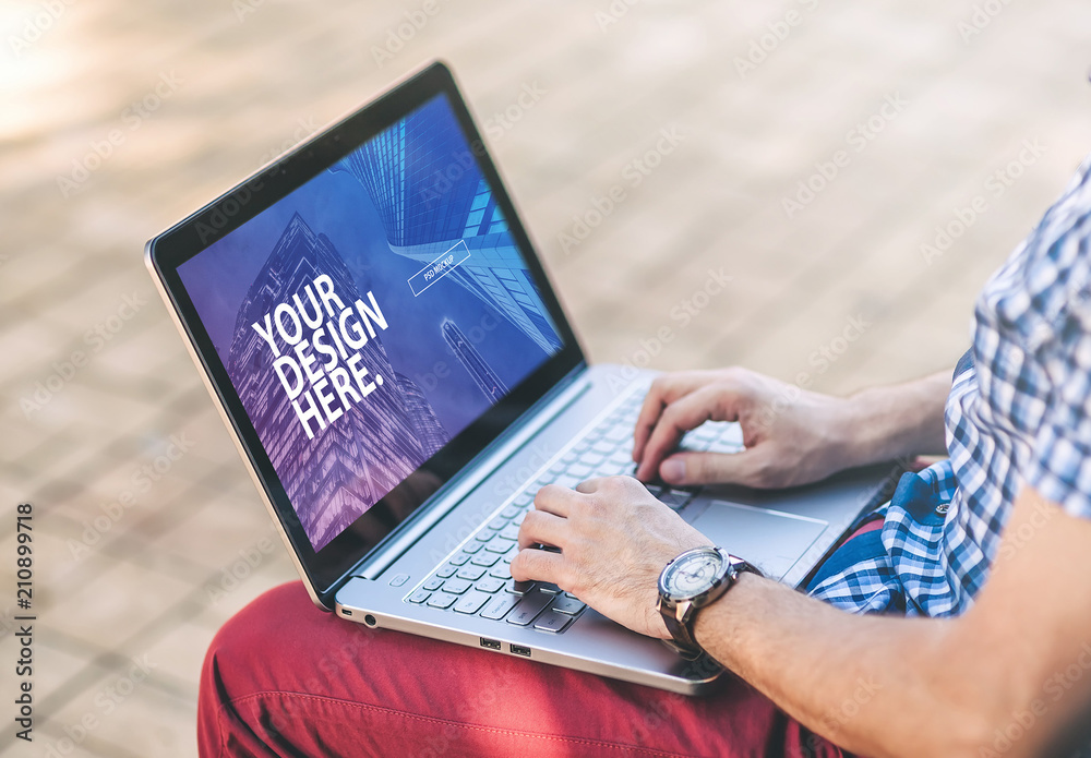 Sitting User with Laptop Mockup Stock Template | Adobe Stock