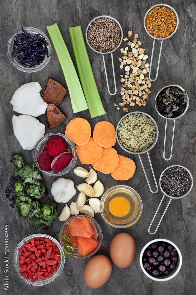 Food concept to boost brain power on marble background. Foods high in ...