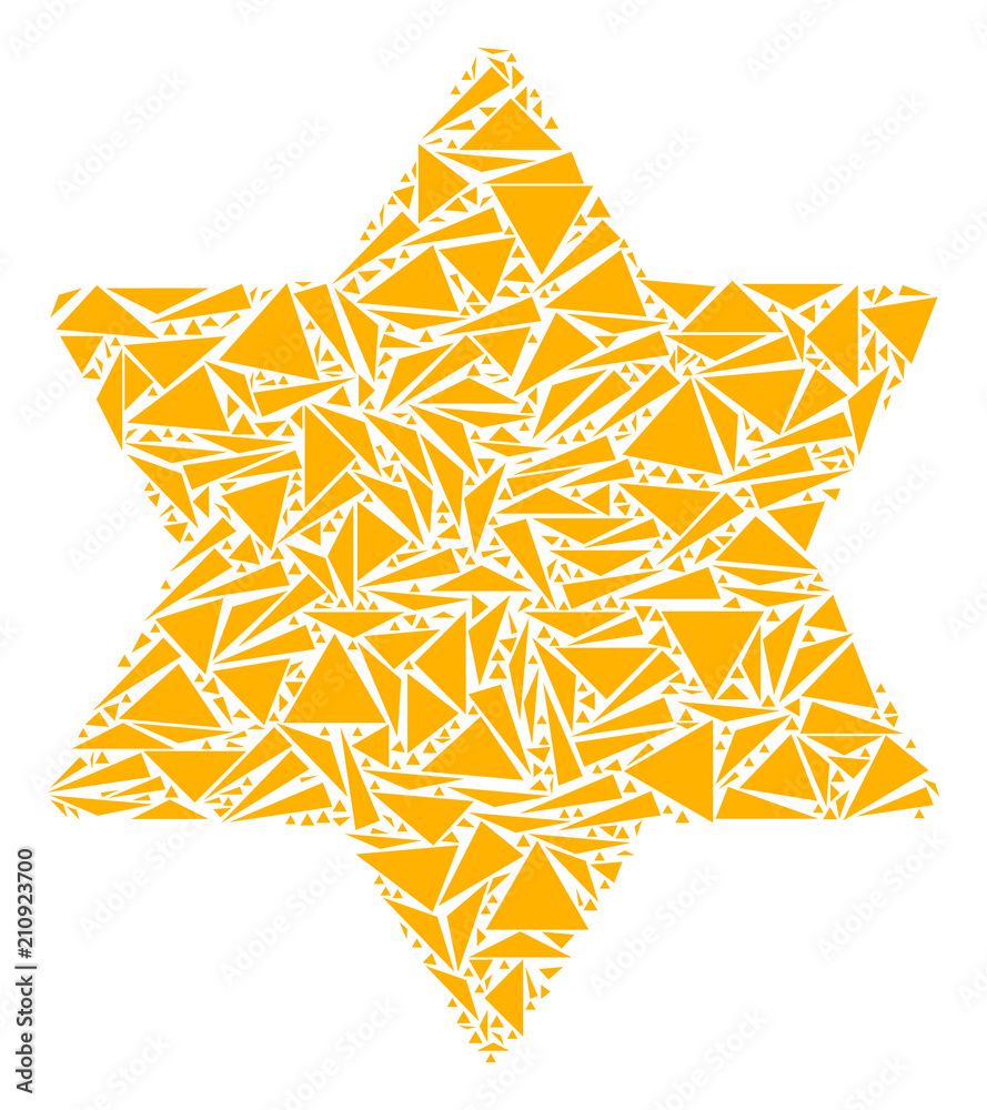 Six pointed star mosaic of triangle items in variable sizes and shapes ...