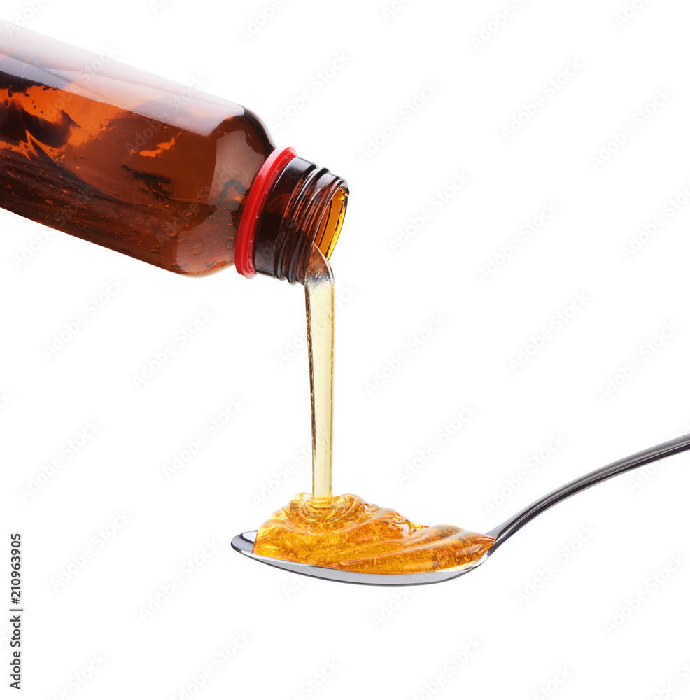 medicine syrup pouring into a spoon from a bottle Stock Photo | Adobe Stock