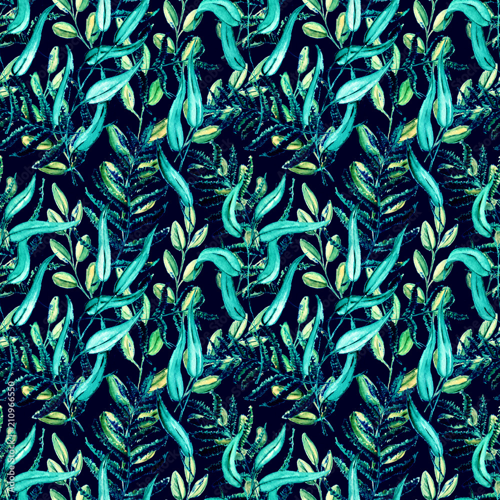 Seamless Realistic Watercolor Greenery Pattern. Hand Drawn Leaves and ...