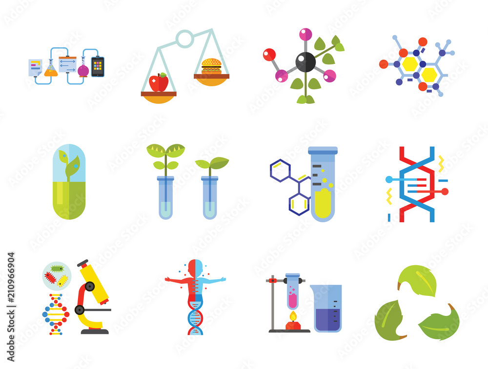 Biology Icon Set. Cell Structure Flask Test Tube Products On Scales ...