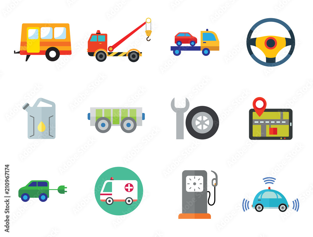 Car Icon Set. Steering Wheel Tire Electric Car Spanner And Car Wheel ...