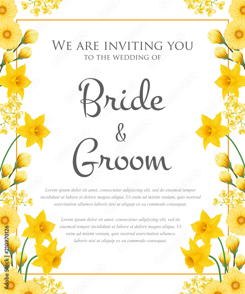 Wedding invitation design with yellow flowers. Text in frame can be ...