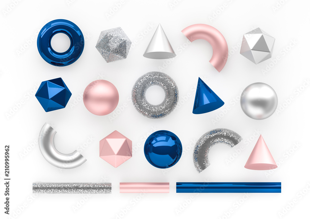 Set of 3d render realistic primitives on white background. Isolated graphic elements. Spheres ...