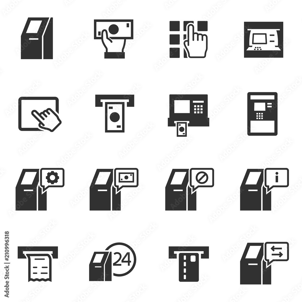 Atm terminal, monochrome icons set. automated teller machine, simple ...