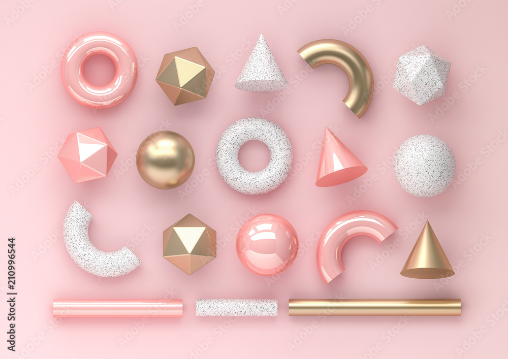 Set of 3d render realistic primitives on pink background. Isolated graphic elements. Spheres ...