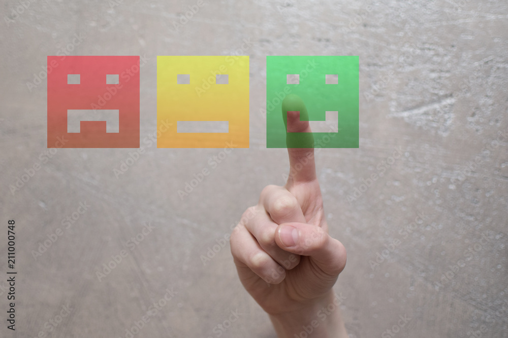 Finger rating with happy, neutral or sad face icons by pressing green ...