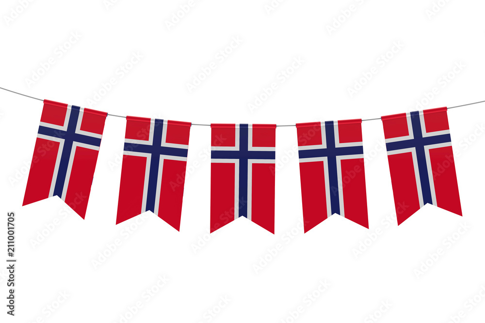 Norway national flag festive bunting against a plain white background ...
