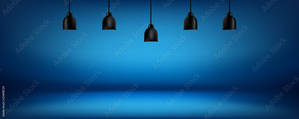blue background with light boxes on ceiling, abstract gradient studio ...