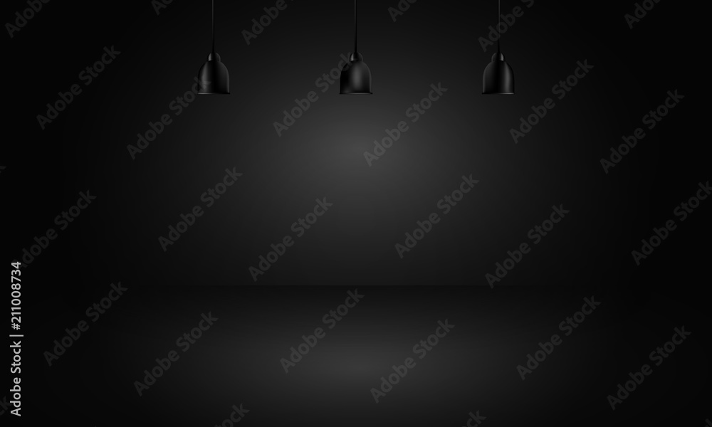 black background with light boxes on ceiling, abstract gradient studio ...