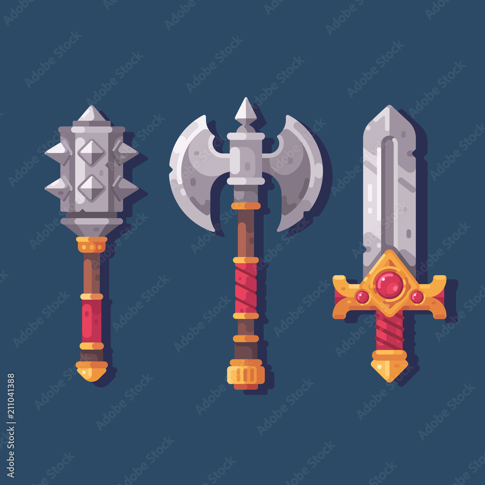 Vetor de Set of three medieval fantasy weapons. Battle mace, axe and sword flat illustration. do ...