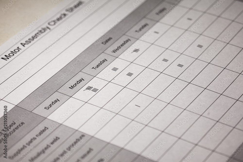 Motor assembly check sheet. engine assembly check list on paper with ...
