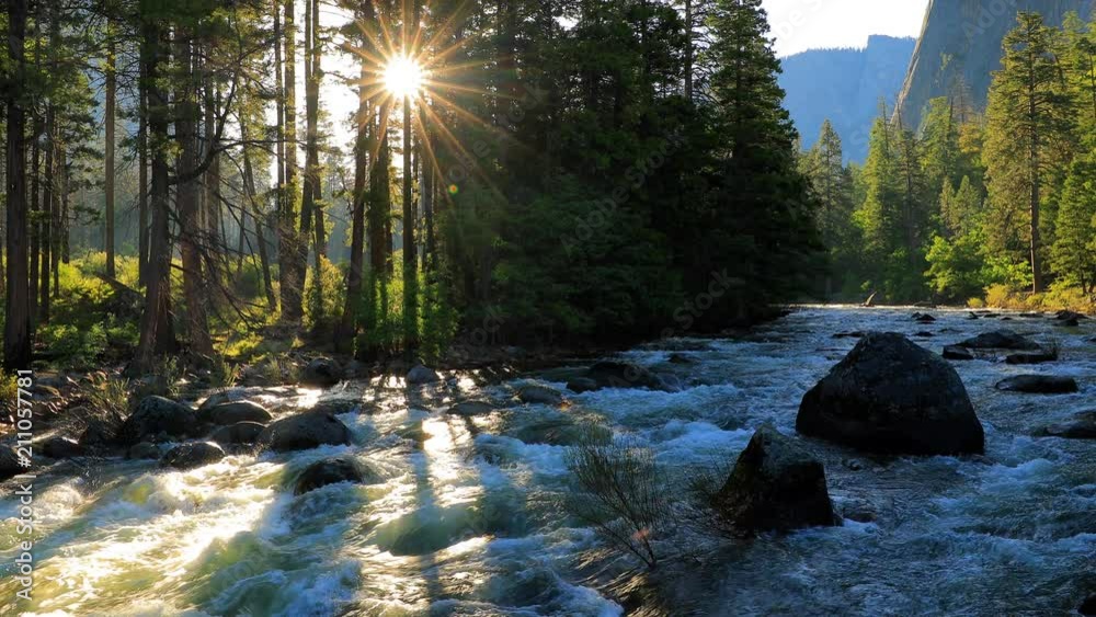 Beautiful morning shot of the Merced River in Yosemite. Stock Video ...