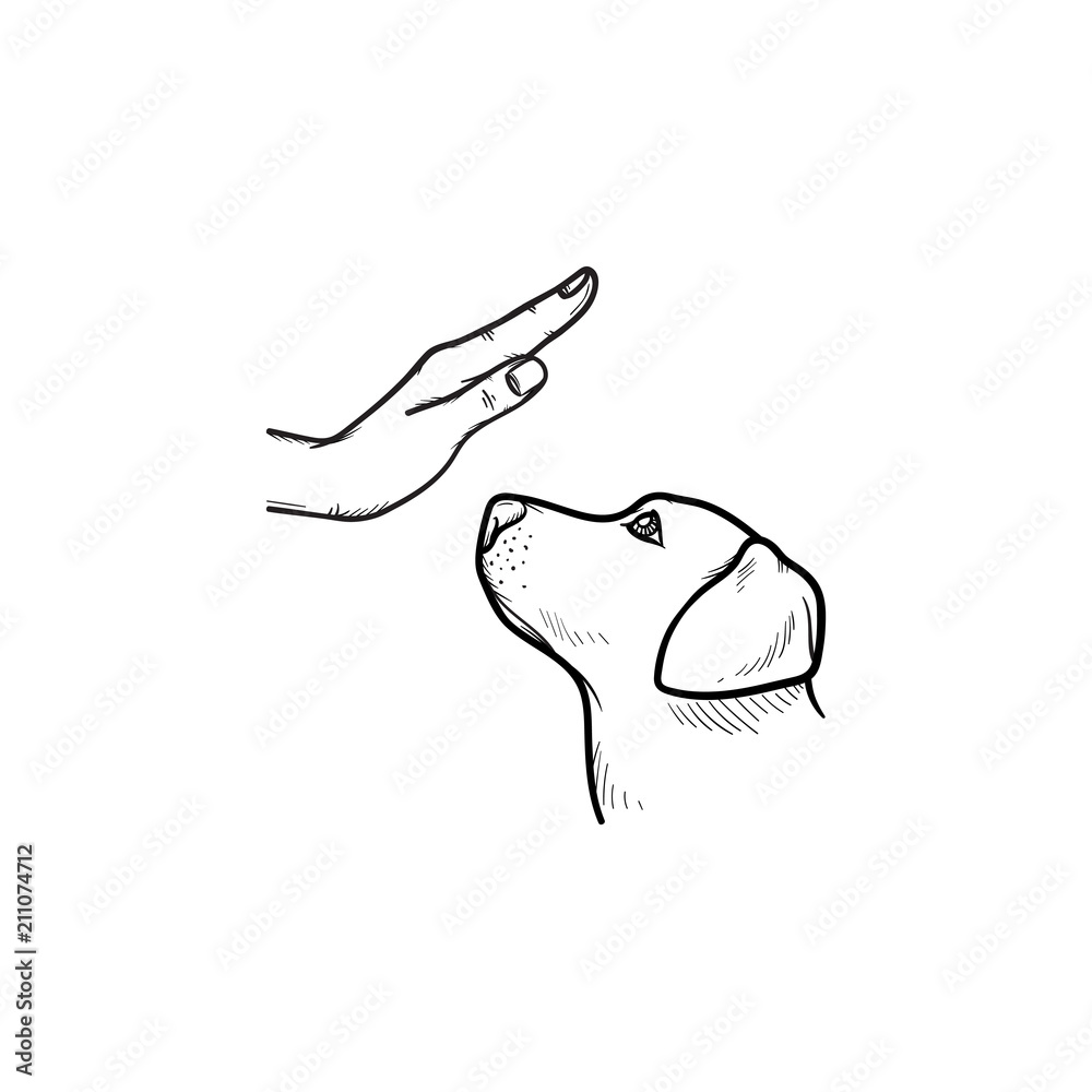 Dog training hand drawn outline doodle icon. Puppy with human arm as ...
