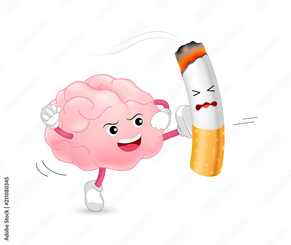 Brain character attacking the cigarette. Smoking is harmful to the ...