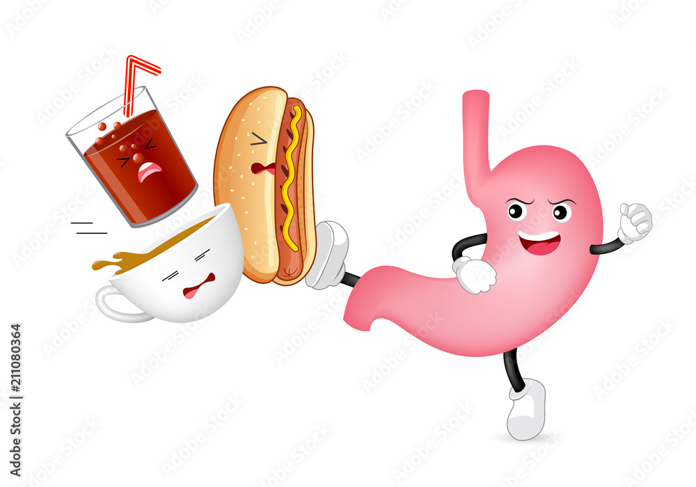 Cute cartoon stomach character attack acidic food and drink, coffee ...