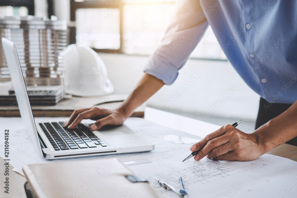 Construction concept, Hands of architect or engineer working for new ...