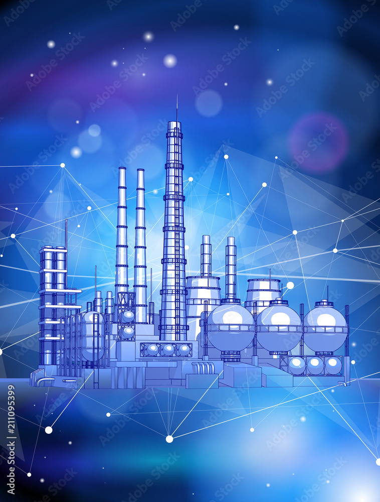 modern chemical manufacturing plant on a blue technological background ...