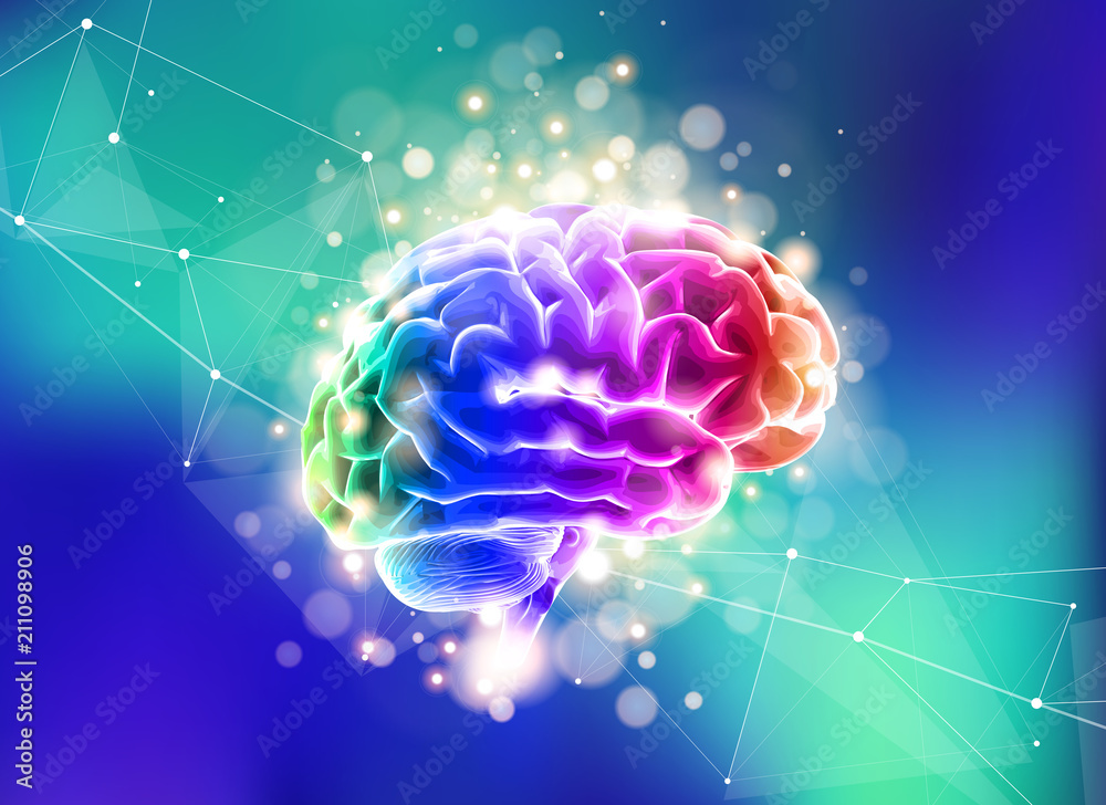 Human brain on a blue technological background surrounded by ...
