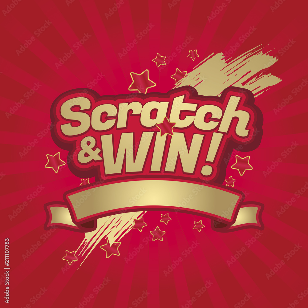 Scratch and win letters. Scratched effect background and stars. Ribbon ...