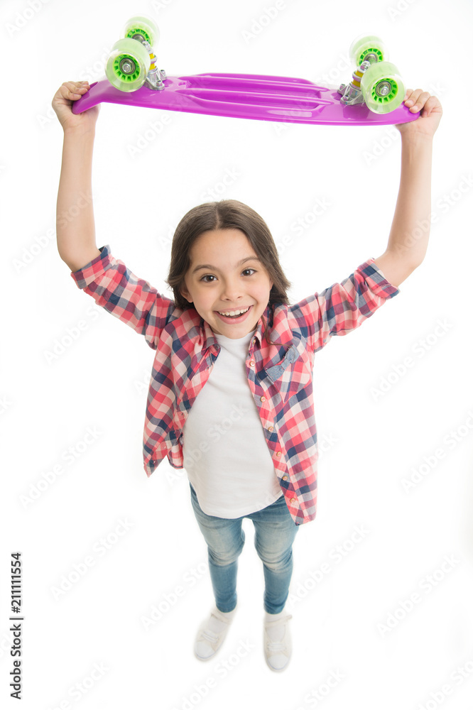 Best gift ever. Kid girl happy raising penny board. Child likes plastic ...