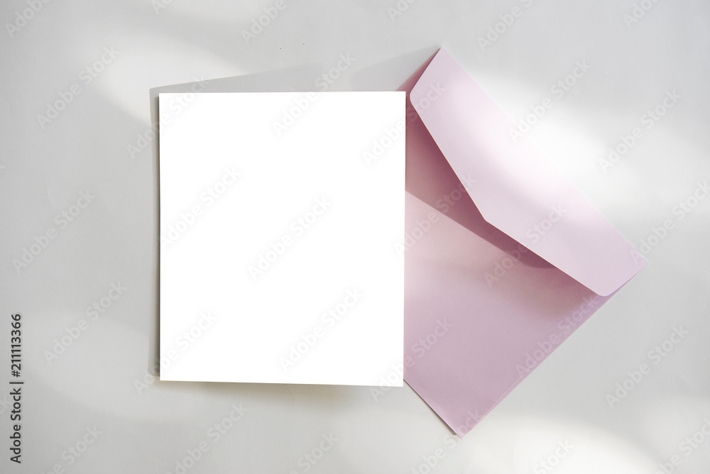 Blank white greeting card with envelope and flower. for mockup template ...