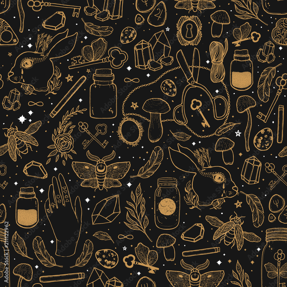 Sketch vector graphic seamless pattern illustration with mystic and ...