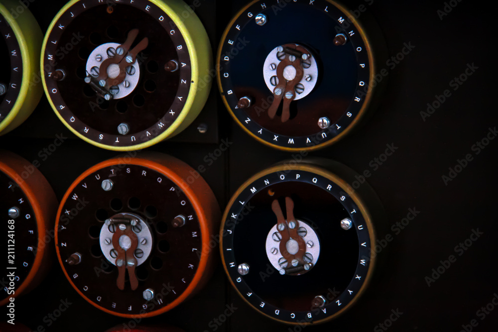 Close up of rotary dials on the front of the British military's Bombe ...