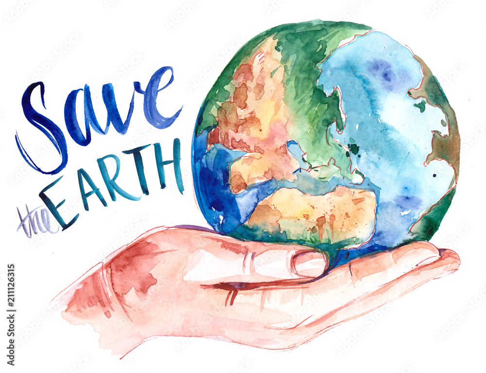 Watercolor Earth on hand Stock Illustration | Adobe Stock