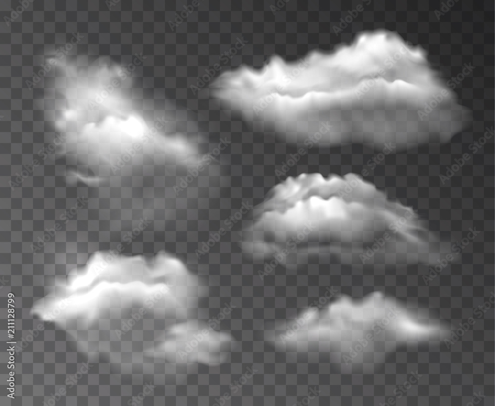 Vector collection of realistic transparent clouds isolated on dark ...