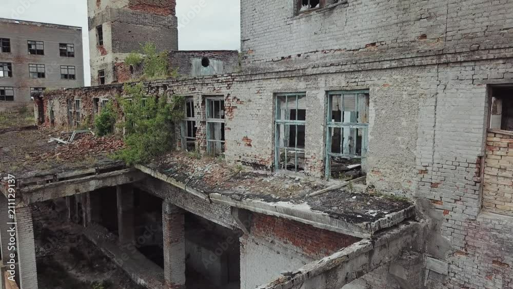 Aerial view of a destroyed factory during the war. Industry in ruins ...
