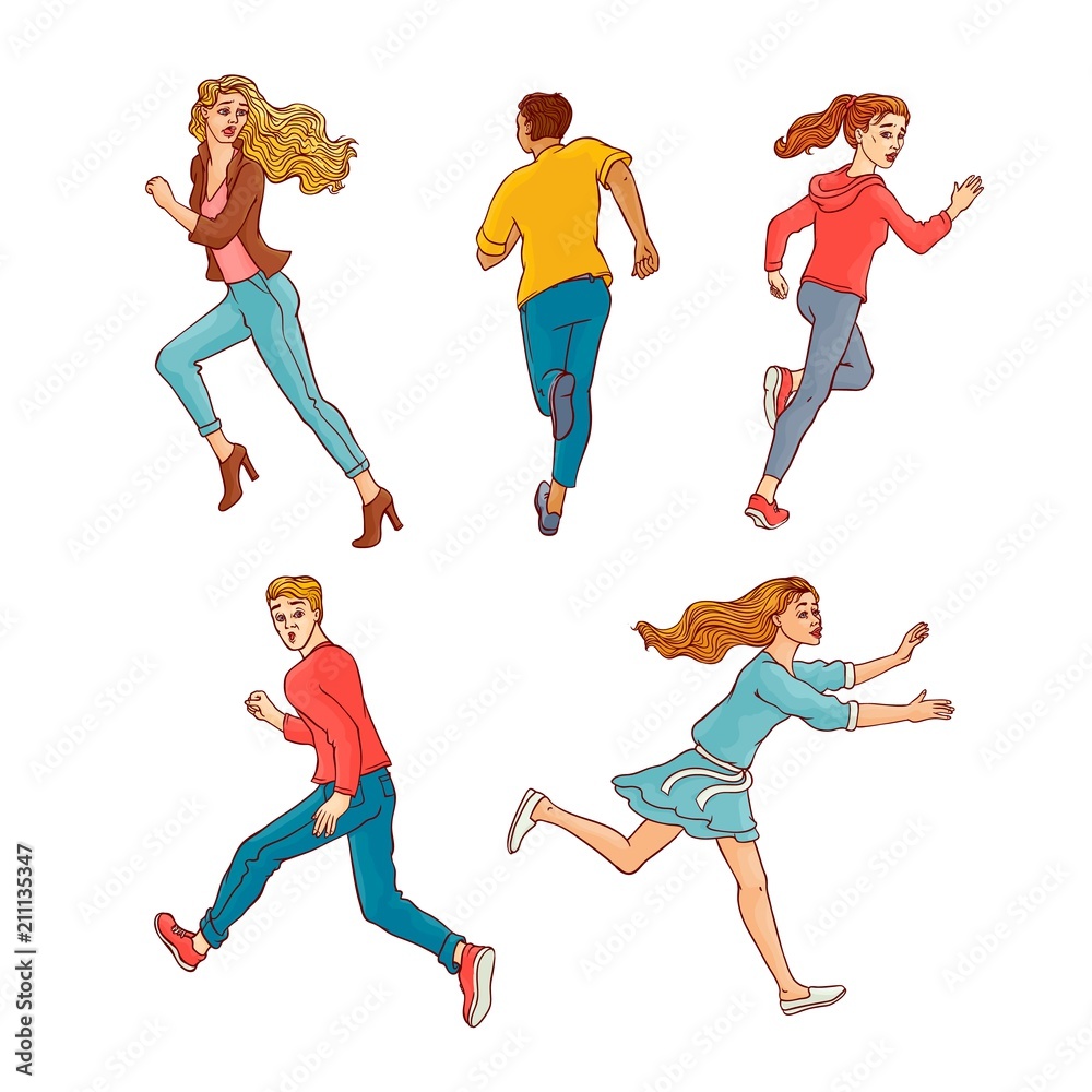 Young men, women running away set. Male, female characters running ... Young men, women running away set. Male, female characters running ...