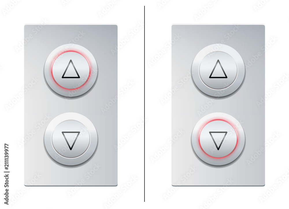 Lift call buttons with arrows to choose upwards or downwards. Isolated ...