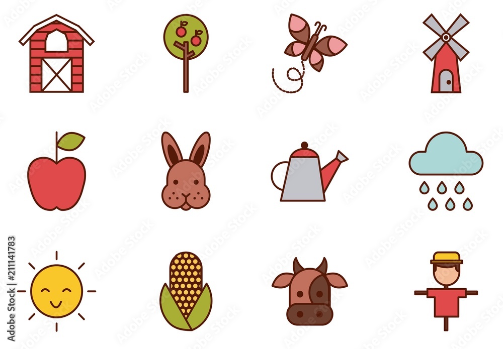 Colorful Farm Agriculture Rural Elements Icons Set Stock Template ...