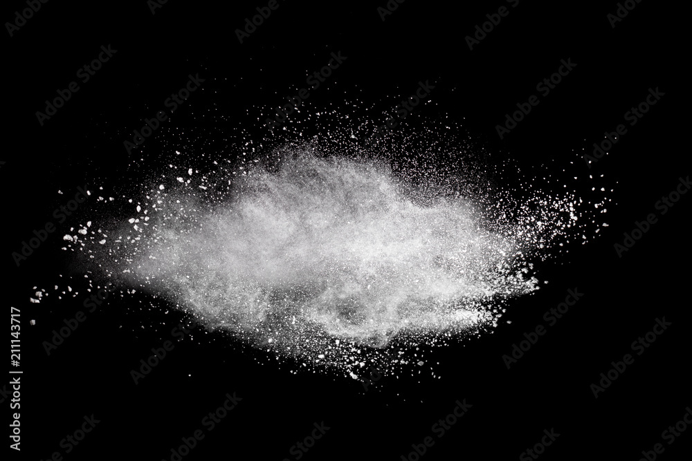 Bizarre forms of white powder explosion cloud against dark background ...