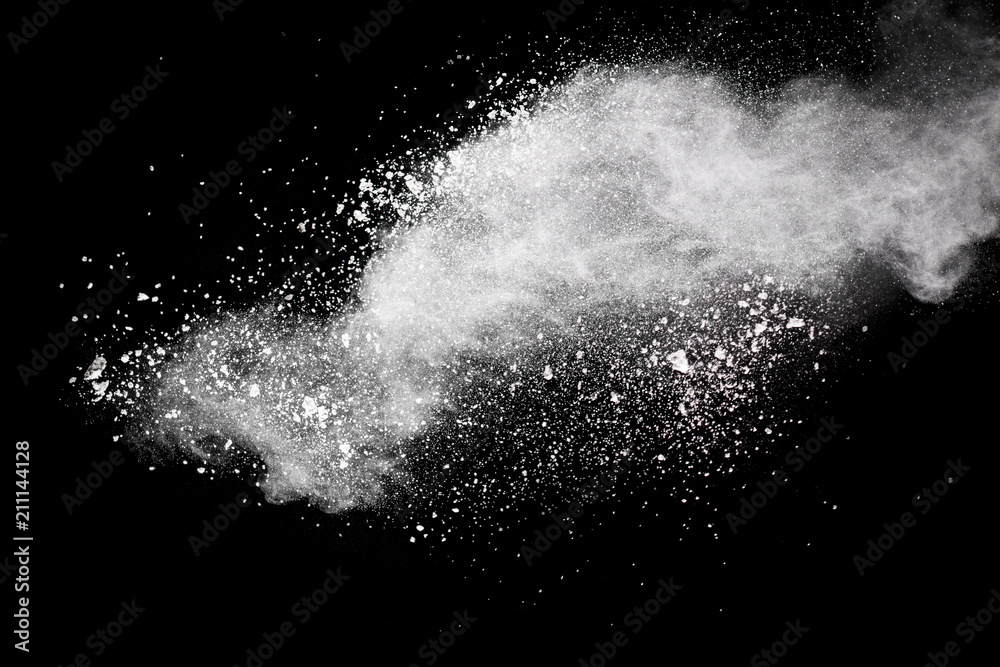 Bizarre forms of white powder explosion cloud against dark background ...
