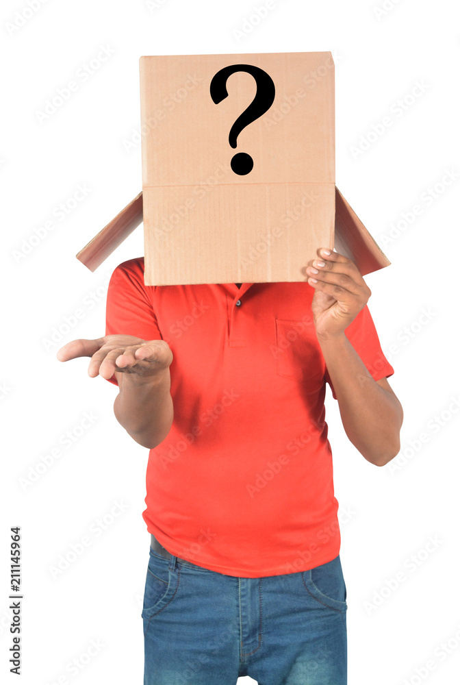 Young man gesturing with a cardboard box on his head with question mark ...